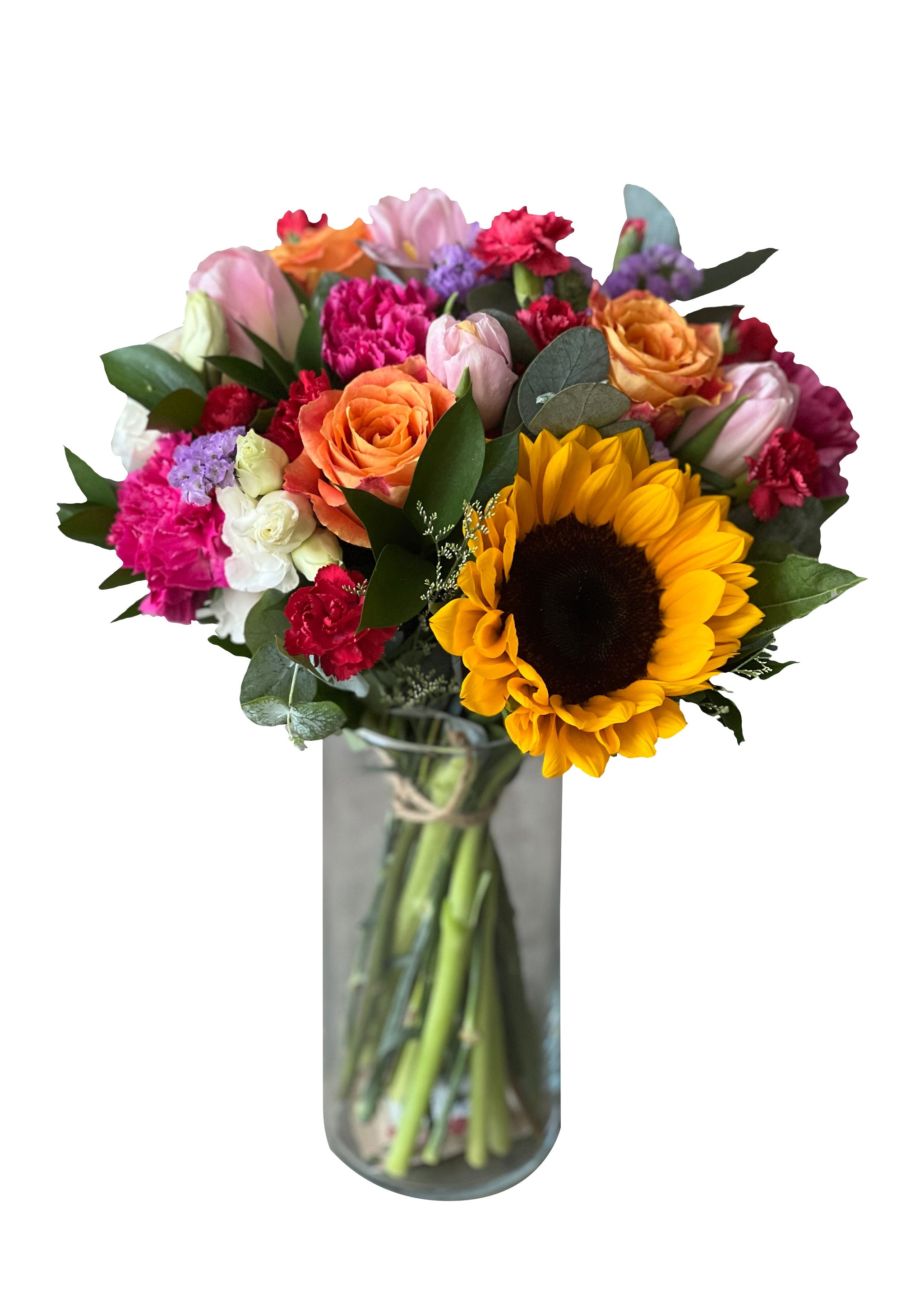 Golden Waltz (Sunflowers, Tulips, Roses, Carnations) | Vase Flower Arr