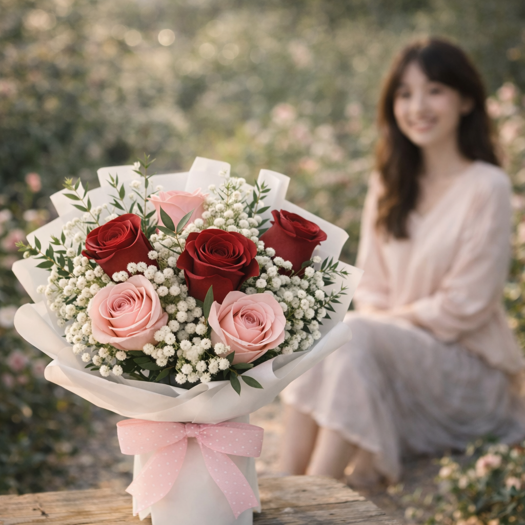 Velvet Petal Poise (Roses, Baby's Breath) | Fresh Flower Bouquet